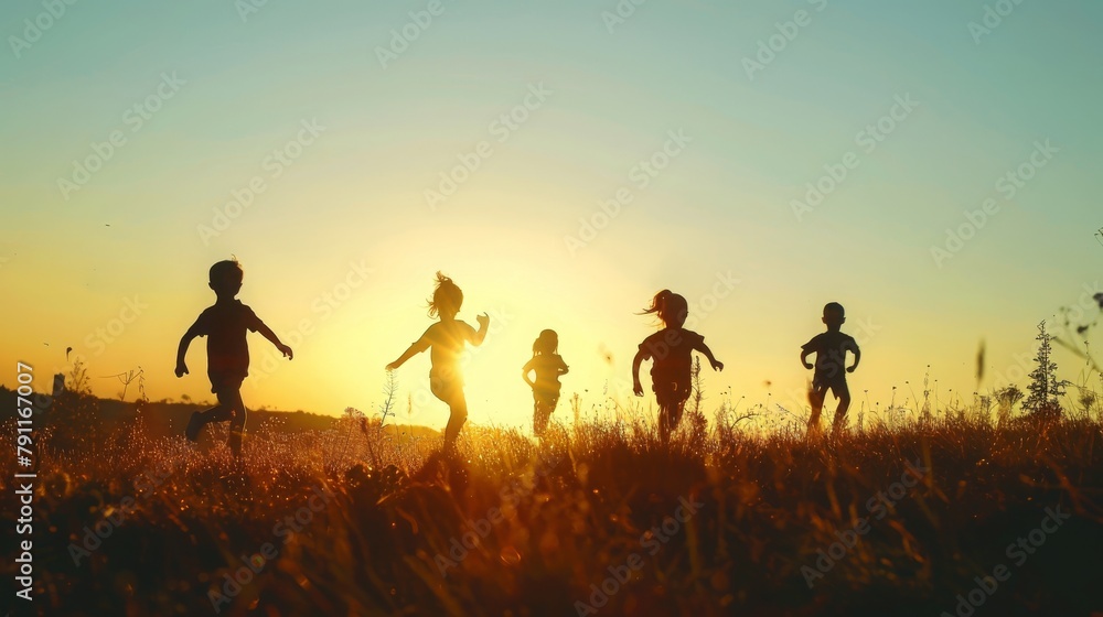 Children running in park at sunset. happy family kindergarten kids ...