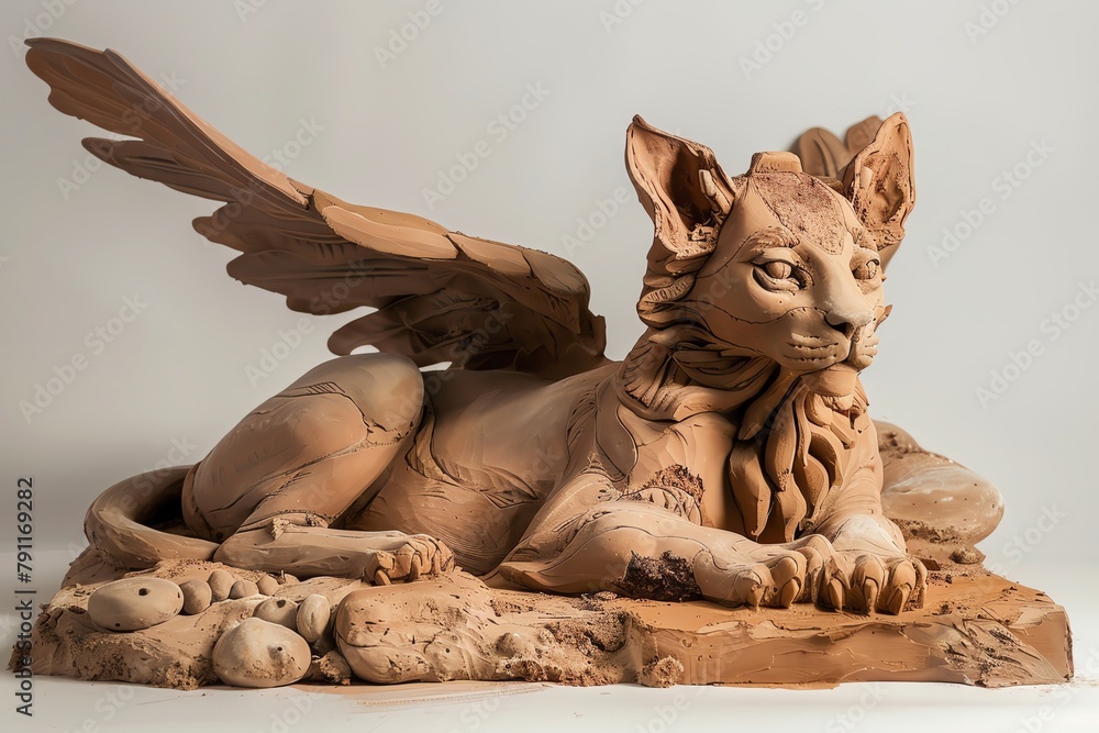 Craft a clay sculpture of a celestial sphinx navigating through ...