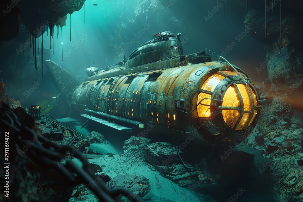 Craft a digital 3D rendered scene of a mysterious underwater world ...