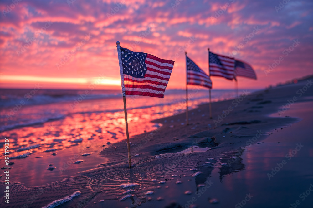 American flags on the beach at sunset, commemorating memorial day Stock ...