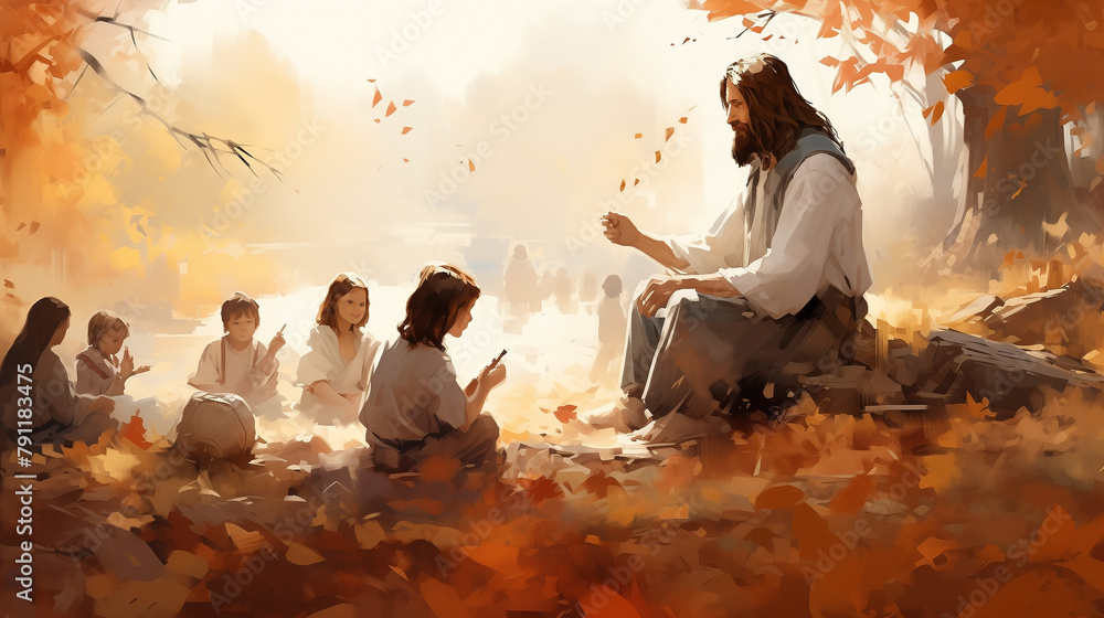 Jesus with group of children in park. Teaching children about Jesus ...