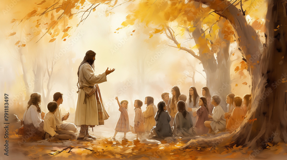 Jesus with group of children in park. Teaching children about Jesus ...