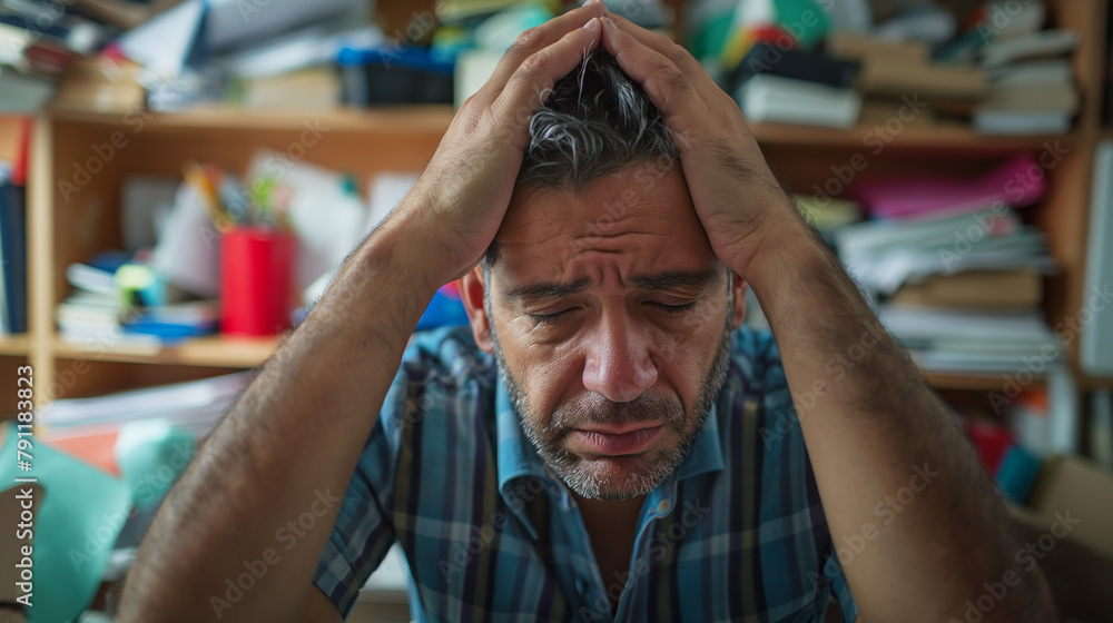 Work Stress Illustration: Man Holds Head in Agony by Laptop Screen ...