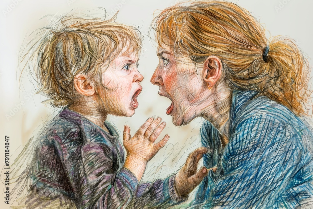 A colored pencil drawing of a mother arguing with her child. Stock ...