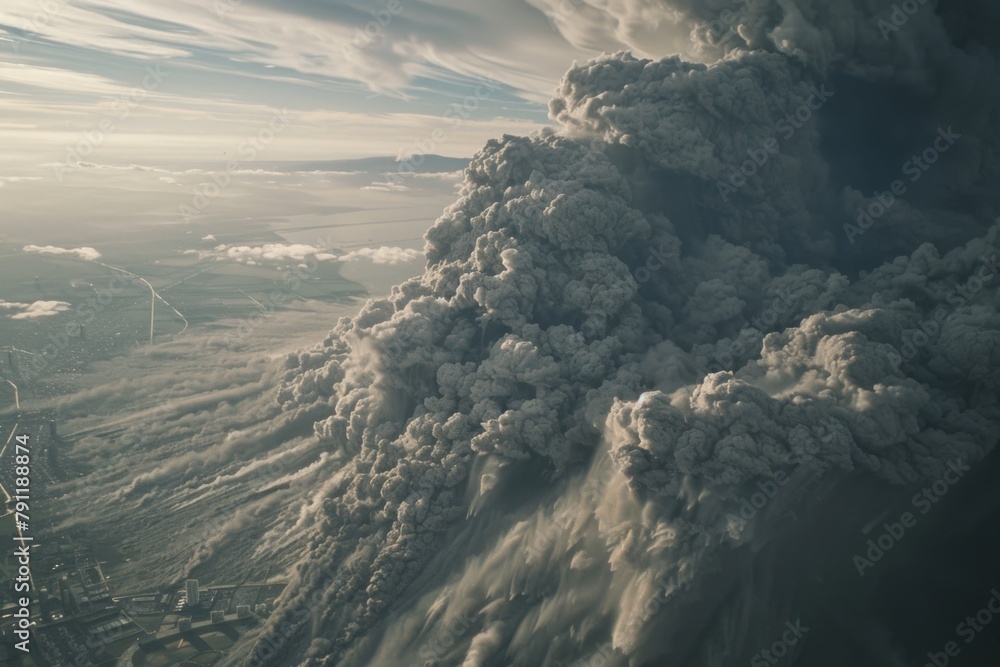 Volcanic eruption volcano erupting with smoke ashes old mountain peak ...