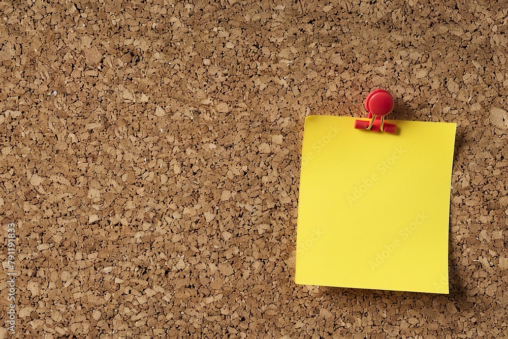 A rectangular post-it stuck delicately against a wooden cork board in a ...