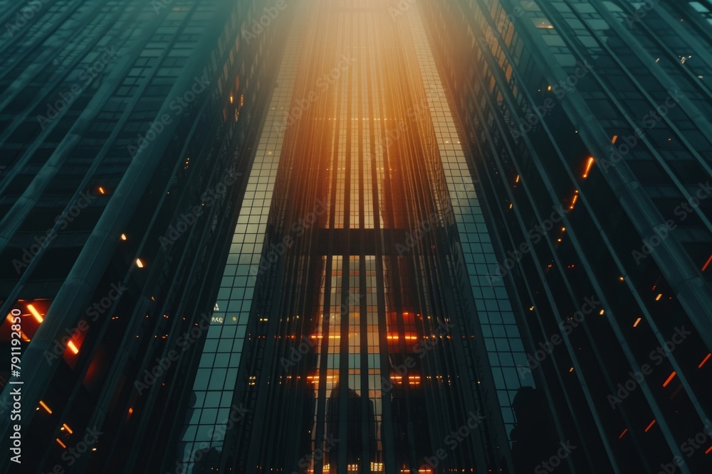 Modern office building windows lit in evening night early morning long ...