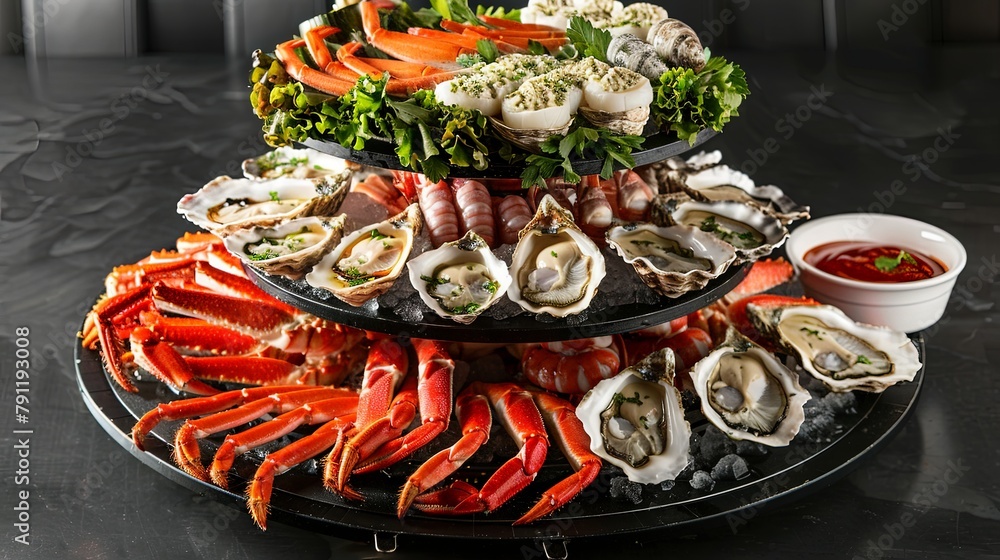 A luxurious seafood tower centerpiece, featuring tiers of chilled ...