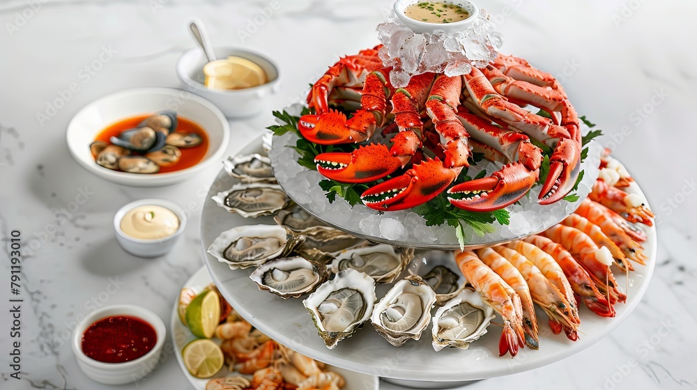 A luxurious seafood tower centerpiece, featuring tiers of chilled ...
