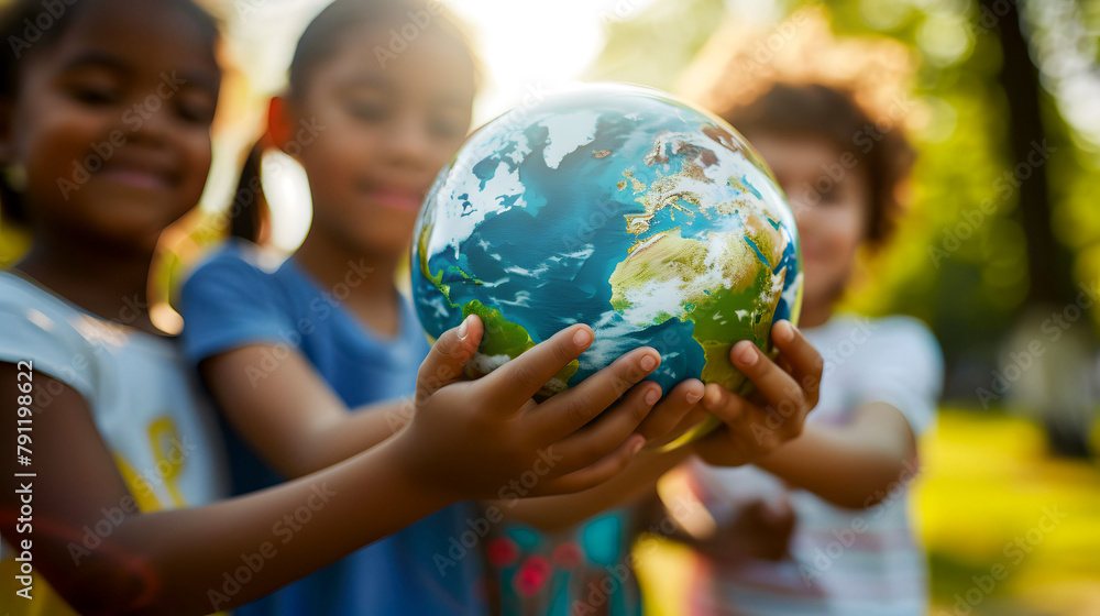 Group of children celebrating earth day. Happy kids holding globe at ...