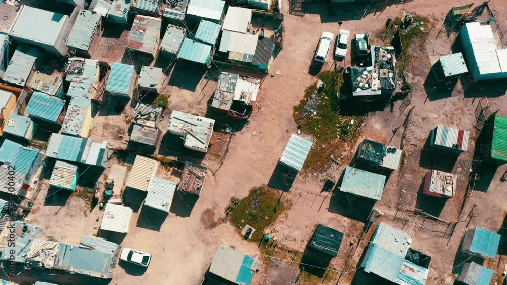 Poor, neighborhood and houses in community from drone with village ...
