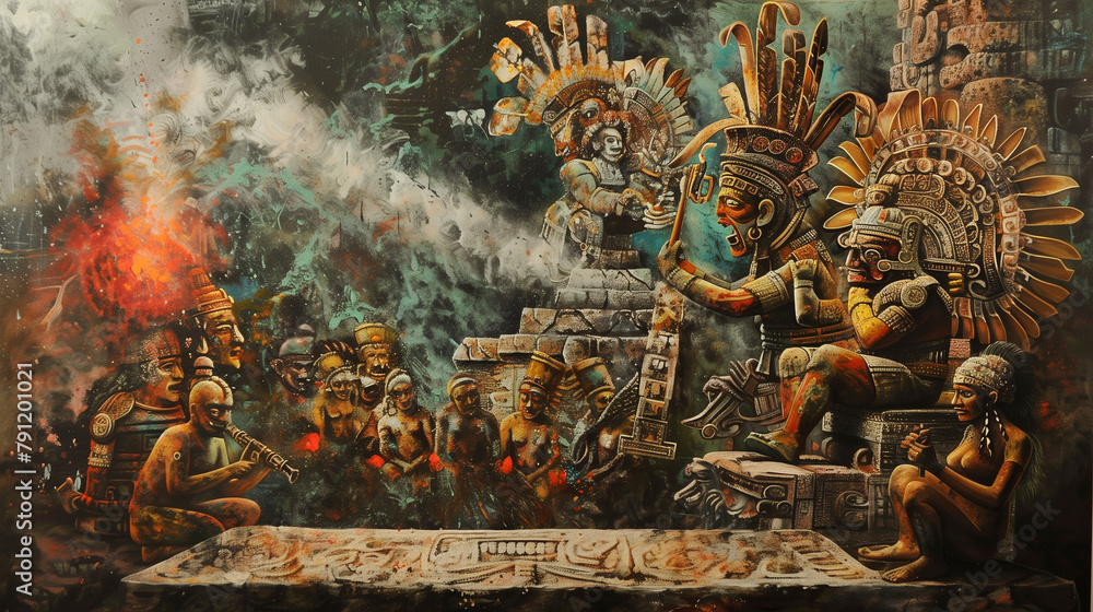 Colorful ancient illustration of the Mayan or Aztec civilization ...