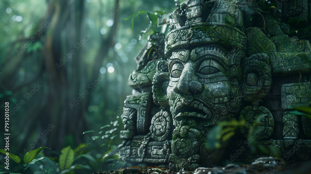 Mayan or Aztec ruins with the head of a deity carved on the rock in the ...