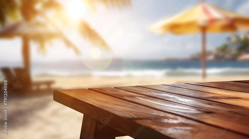 Sunset Beach Bar Setting: Side View of Empty Wooden Table Product ...