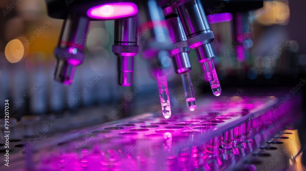 Automated pipettes dispense liquids into test tubes with meticulous ...