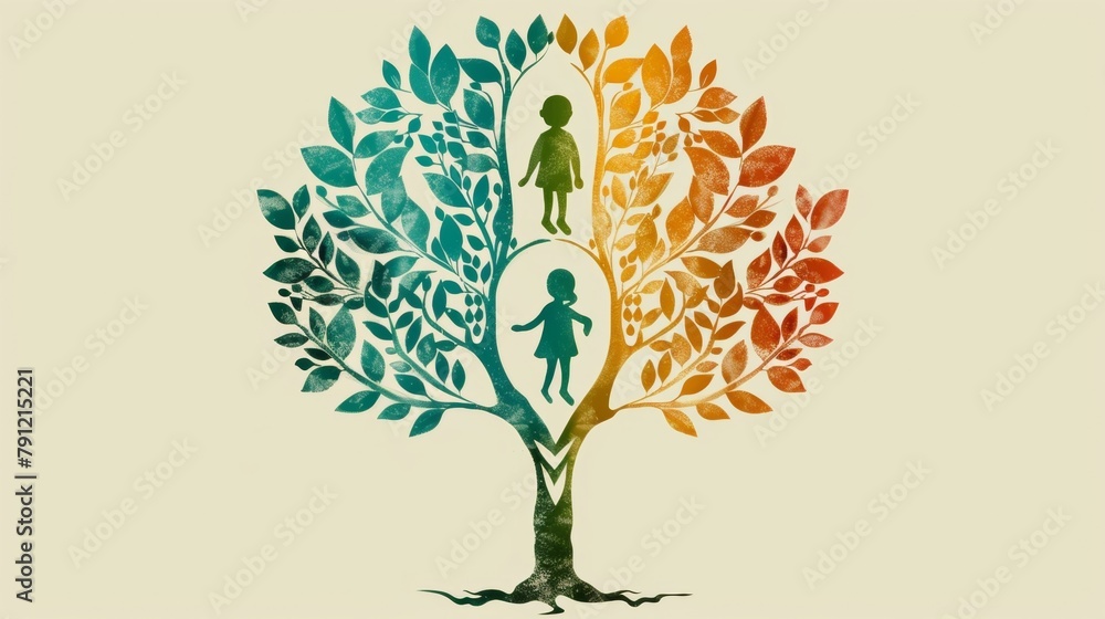 A family tree with different colored leaves representing specific ...