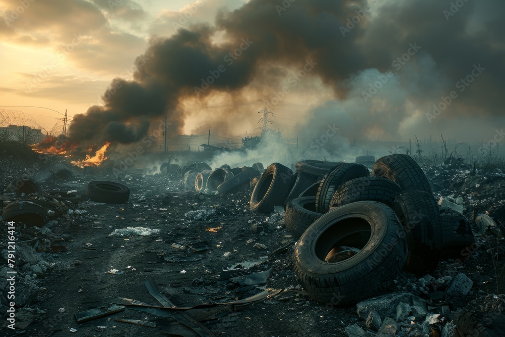 Toxic landfill full of rubber burning tires junkyard pollution waste ...