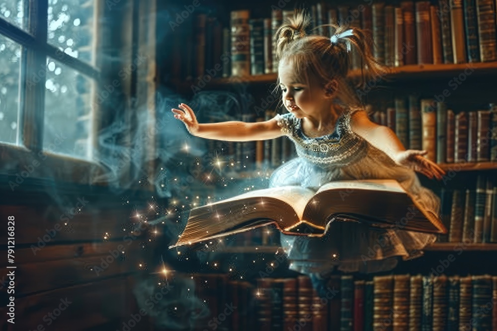 Little girl flying on the big magic book in library universe with ...