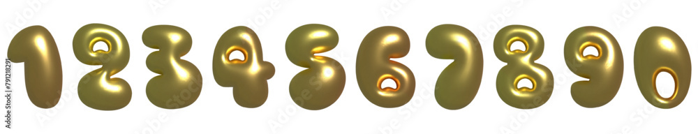Complete Bubbly 3d set of numbers from one to zero in a golden matte ...