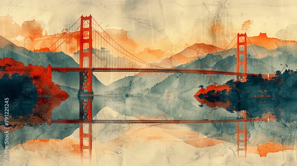 Detailed Golden Gate Bridge artwork, front view perspective. Stock ...