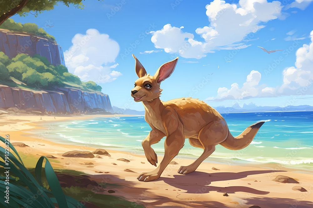 cartoon illustration, a kangaroo is running on the beach Stock ...
