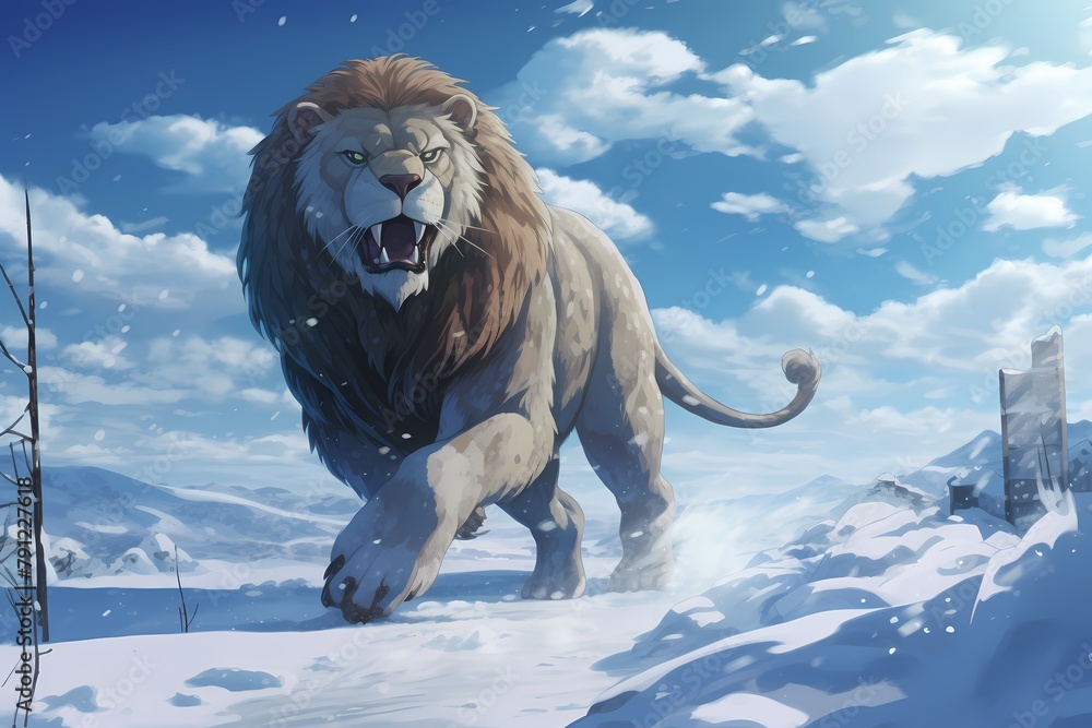 cartoon illustration, a lion is running in the snow Stock Illustration ...