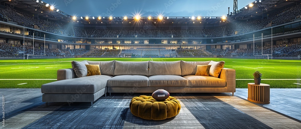 Portrait of a sofa in middle of a football field with a blurry stadium ...