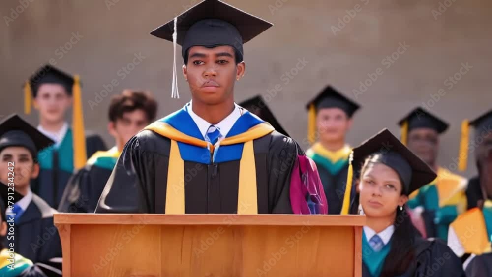 Valedictorian young student man giving graduation speech to other ...