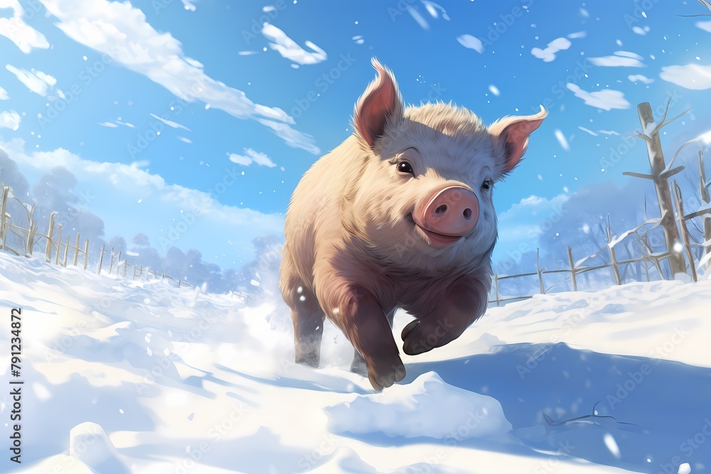 cartoon illustration, a pig is running in the snow Stock Illustration ...