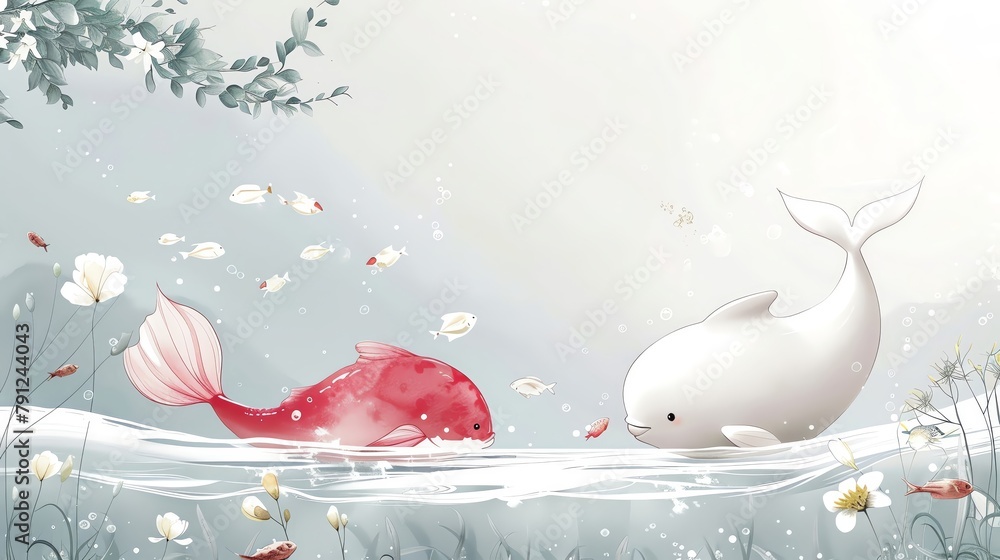A red fish and a white beluga whale are swimming in the ocean. The red ...