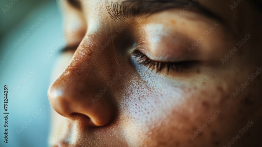Closeup of a persons face with a serene and relaxed expression ...