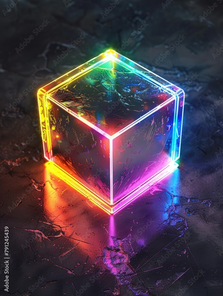 Illuminated neon cube with light refraction - This image shows a brilliantly illuminated neon ...