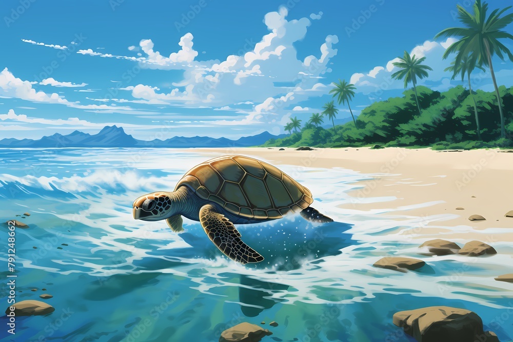 cartoon illustration, a turtle is walking on the beach Stock ...