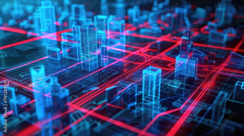 Futuristic navigation map with 3D buildings and route overlays Stock ...