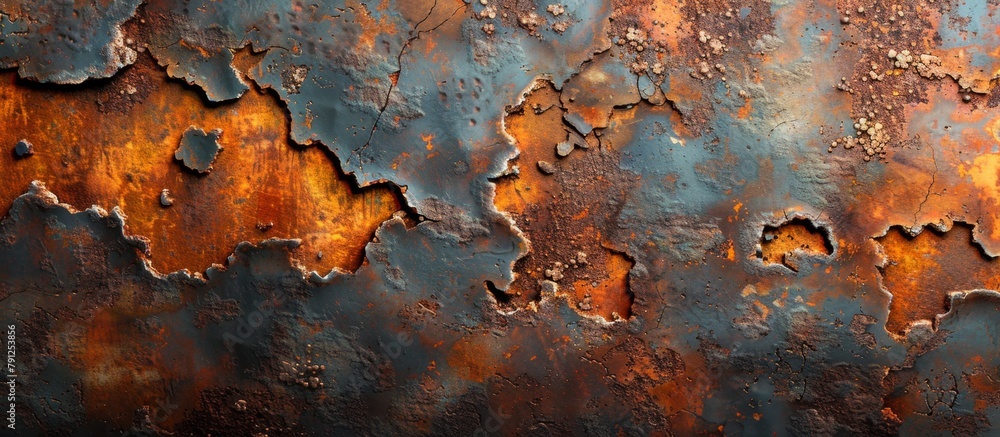 This image displays a weathered and aged metal surface that exhibits ...