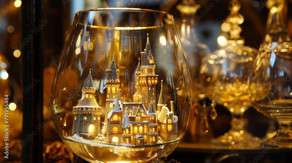 Inside the crystal goblet, a miniature castle gleams, its turrets and ...