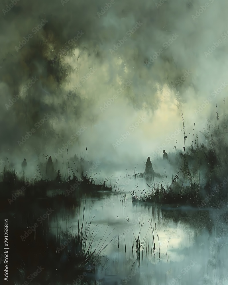 Haunted marshes with ghostly figures and willo thewisps among the fog ...
