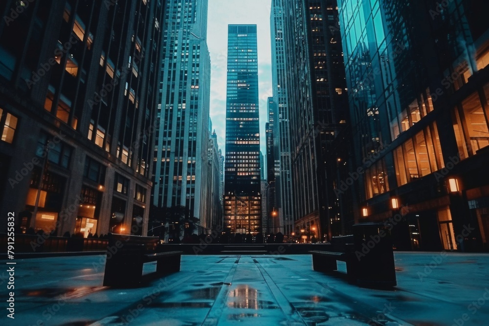Modern office building windows lit in evening night early morning long ...