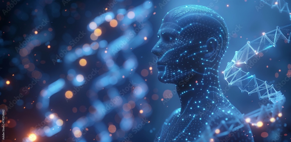 human with transparent skin showing their DNA structure and cubes ...