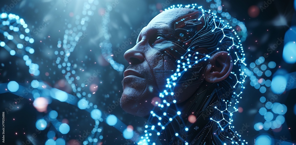 human with transparent skin showing their DNA structure and cubes ...