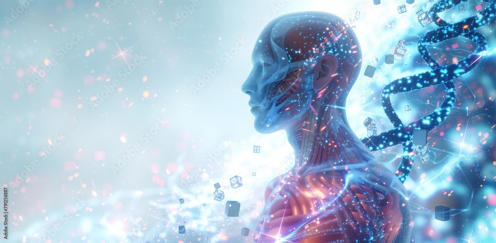 human with transparent skin showing their DNA structure and cubes ...