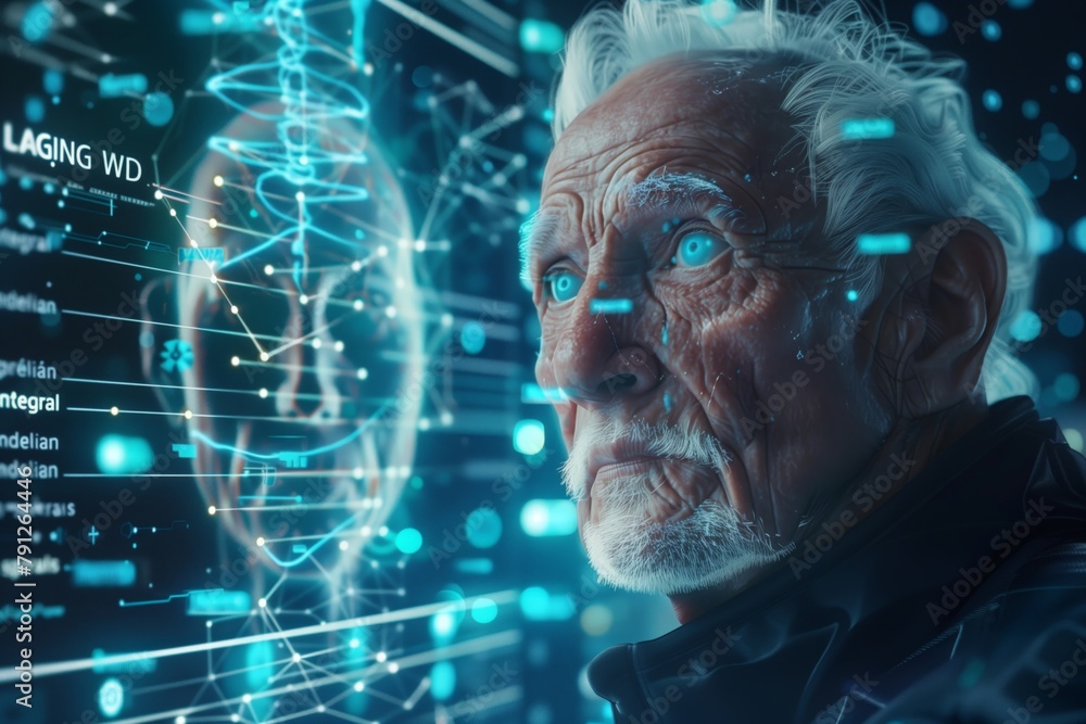 Elderly man an AI interface displaying data points about him such as ...