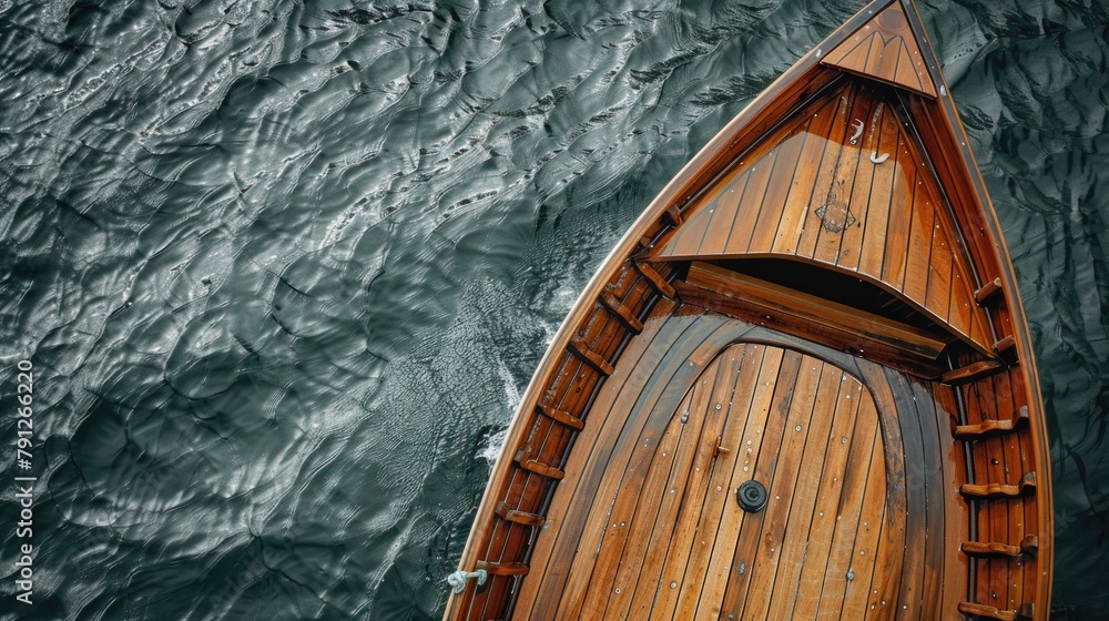 Overhead view of a section of a small wooden boat on water showcasing a ...