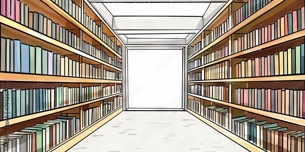 bookshelf in library forming copy space for banner poster background ...