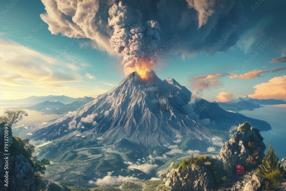 Volcanic eruption volcano erupting with smoke ashes old mountain peak ...