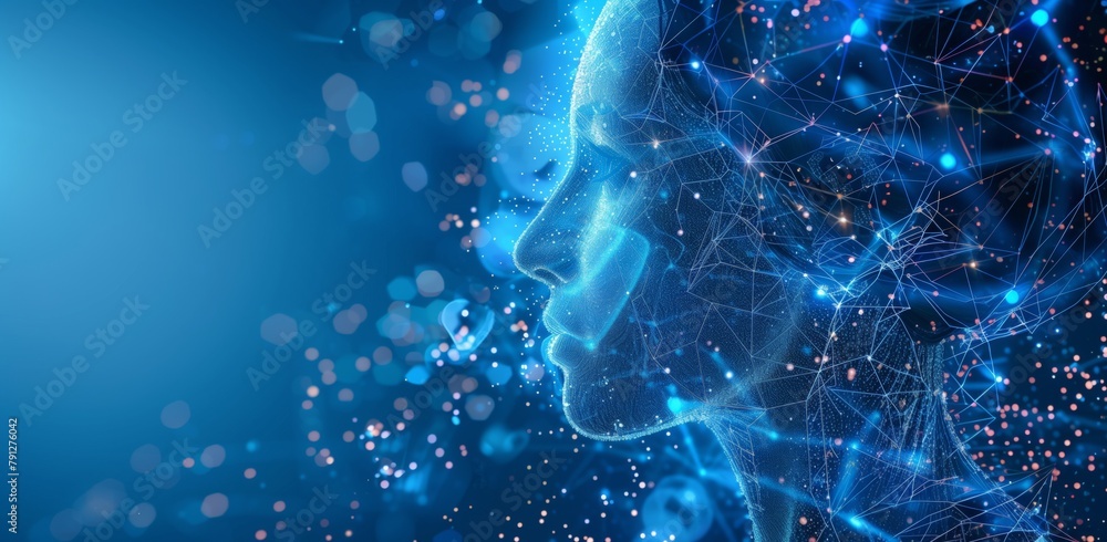 Abstract virtual digital human head with glowing connections and neural ...