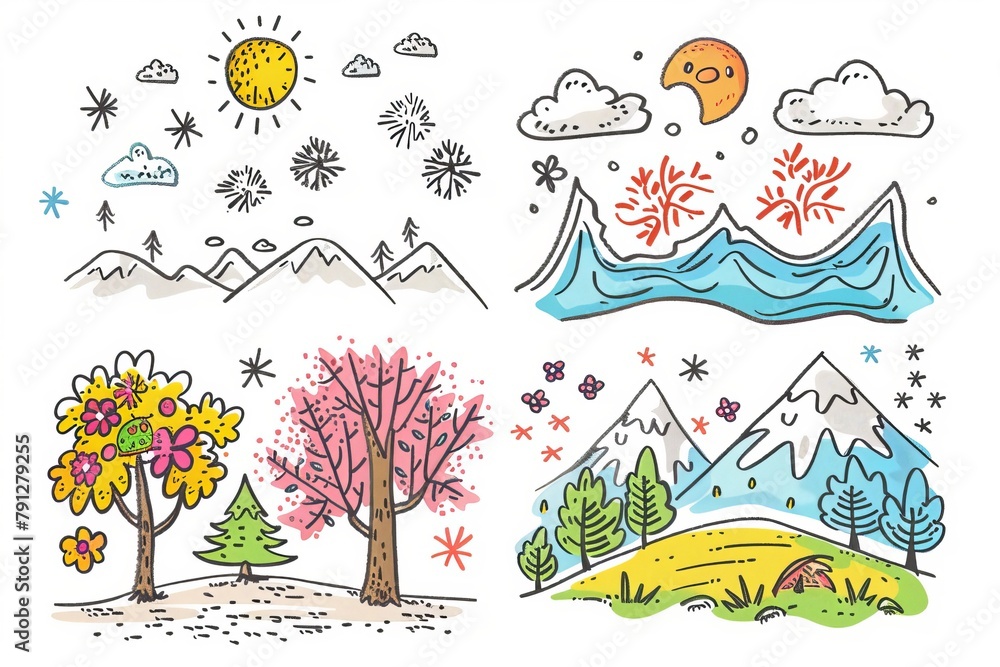 Cartoon cute doodles of Earth's four seasons, with colorful trees in ...