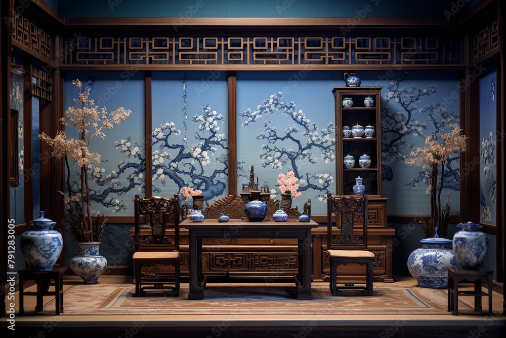 Imperial Blue Walls: Ming Dynasty Bedroom Elegance With Calligraphy Art ...
