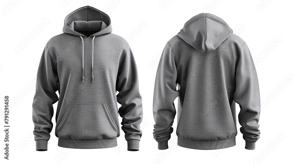 Front and back view of a gray hoodie with no print on transparent ...