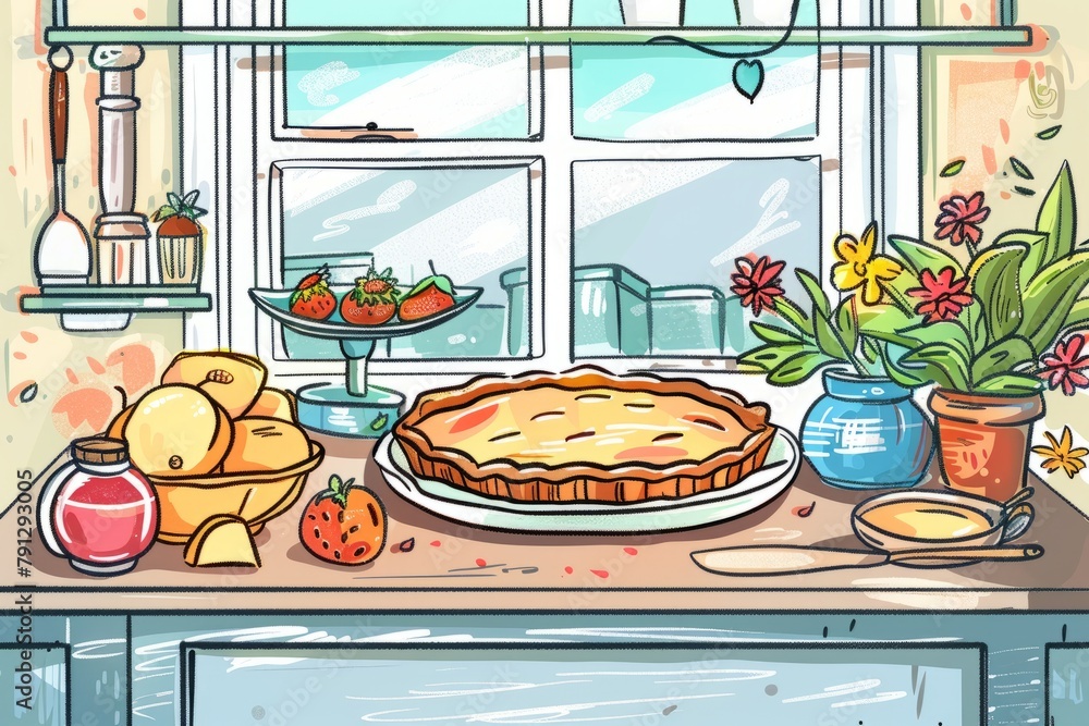 Cartoon cute doodles of a homemade pie cooling on the windowsill ...